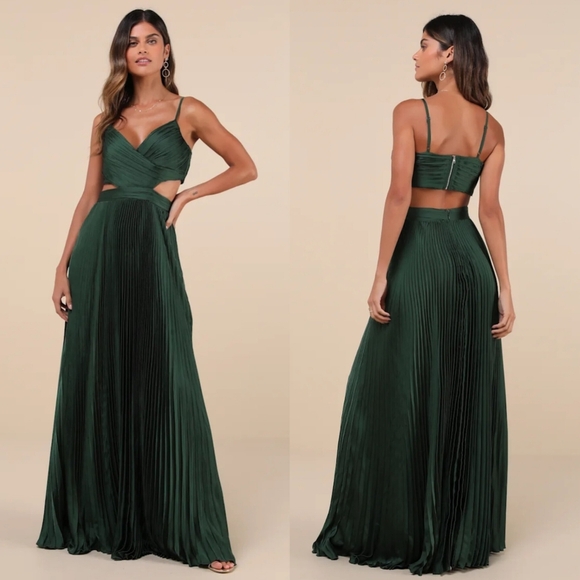 Lulus | Dresses | Lulus Got The Glam Emerald Green Pleated Cutout Maxi ...